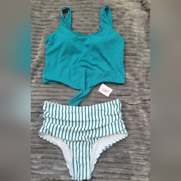 Swim | Teal Tankini Top And Striped Bikini Bottom | Poshmark